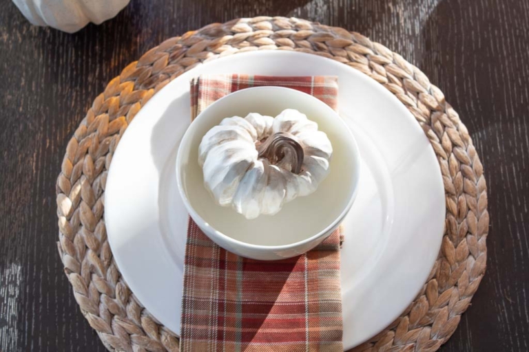 Simple Fall Place Setting With Plaid and Pumpkins - The Lived-in Look